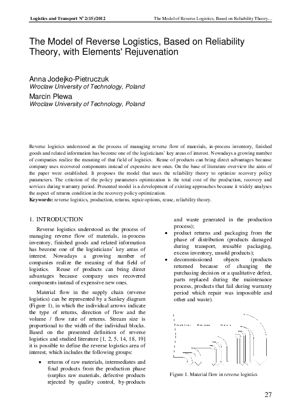 The Model of Reverse Logistics, Based on Reliability Theory, with ...