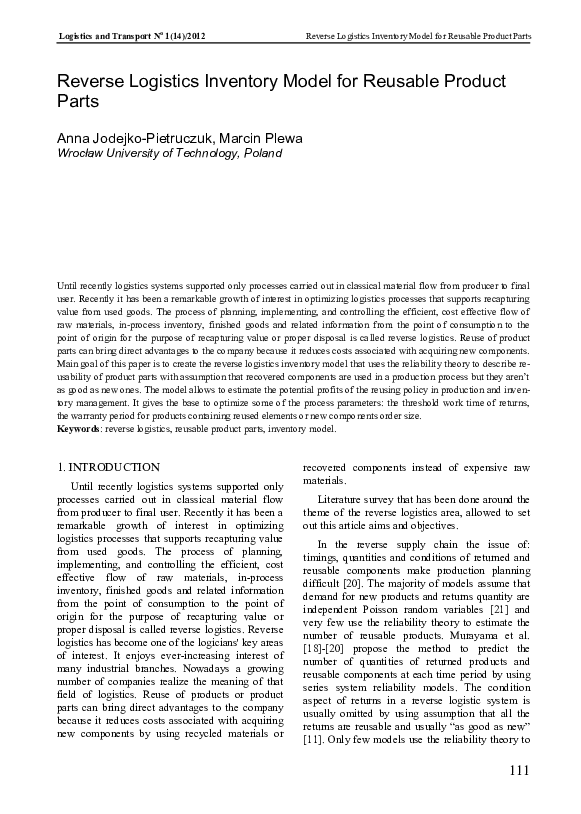 (PDF) Reverse Logistics Inventory Model for Reusable Product Parts