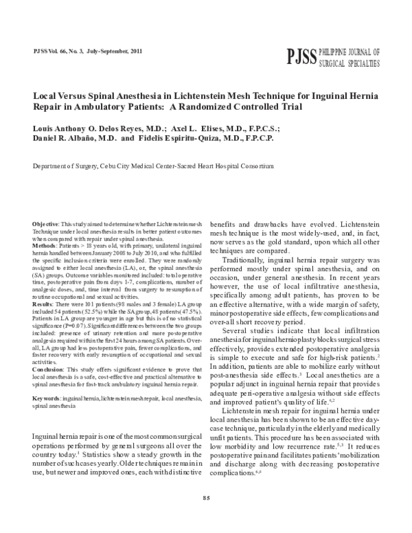 (PDF) Local Versus Spinal Anesthesia in Lichtenstein Mesh Technique for Inguinal Hernia Repair ...