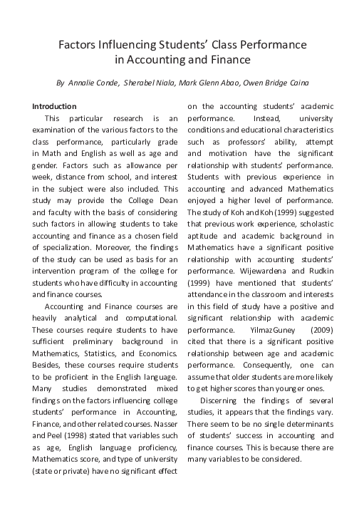 (PDF) Factors Influencing Students’ Class Performance in Accounting and ...