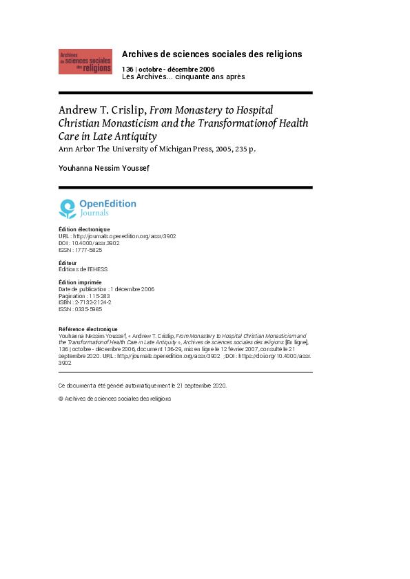 (PDF) Andrew T. Crislip. From Monastery to Hospital: Christian ...