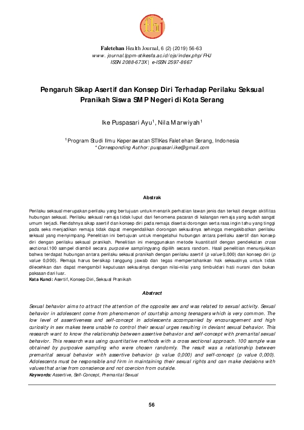 (PDF) Hubungan Sikap Asertif dan Konsep Diri Dengan Perilaku Seksual Pranikah Pada Remaja di SMP ...