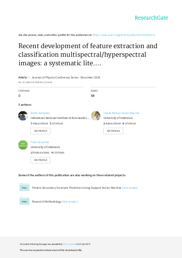 (PDF) Recent development of feature extraction and classification multispectral/hyperspectral ...
