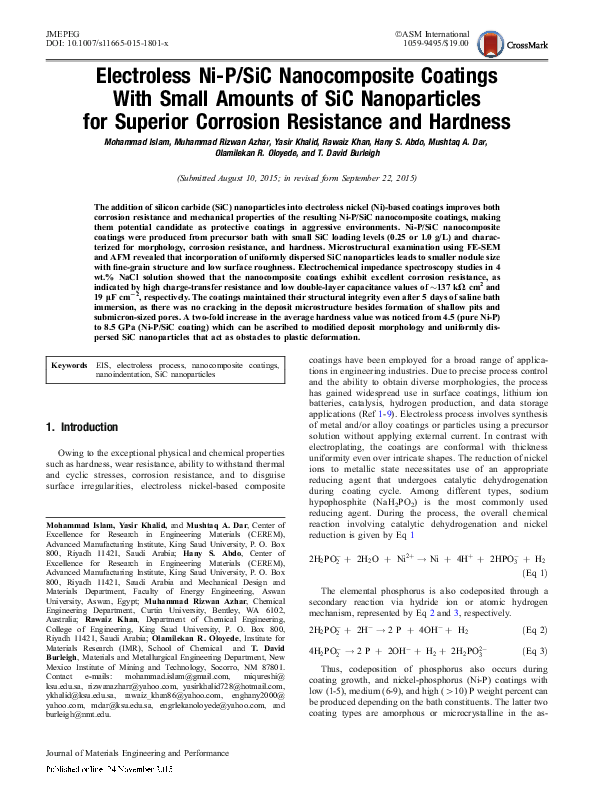 (PDF) Electroless Ni-P/SiC Nanocomposite Coatings With Small Amounts of ...