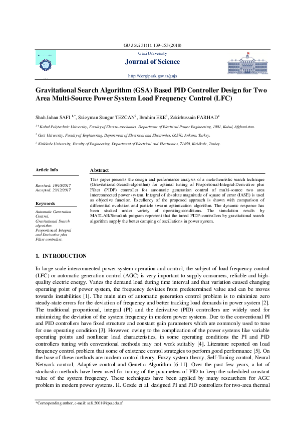 Pdf Gravitational Search Algorithm Gsa Based Pid Controller Design For Two Area Multi Source 