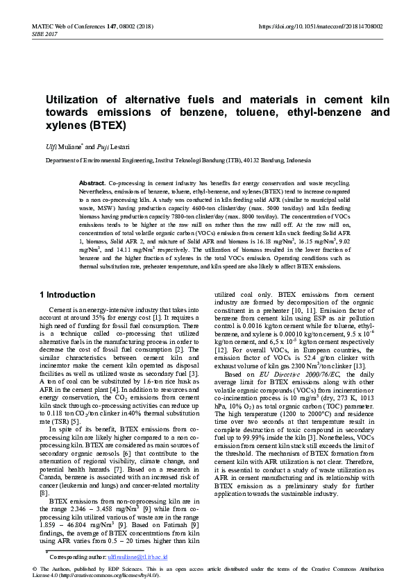 (PDF) Utilization of alternative fuels and materials in cement kiln towards emissions of benzene ...