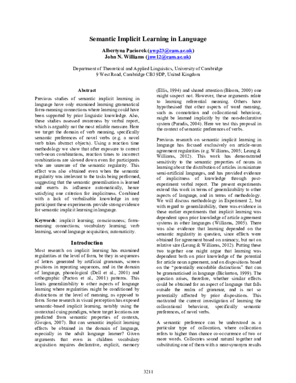(PDF) Semantic Implicit Learning in Language