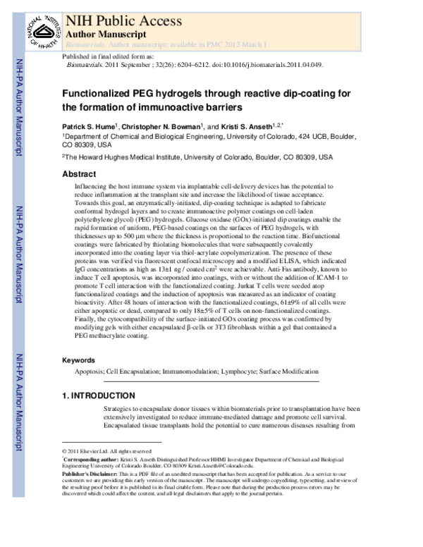(PDF) Functionalized PEG hydrogels through reactive dip-coating for the ...
