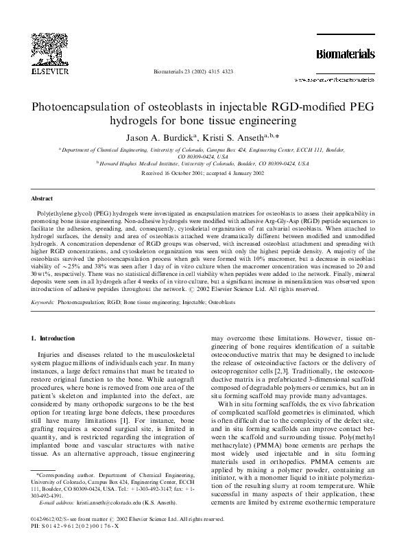 (PDF) Photoencapsulation of osteoblasts in injectable RGD-modified PEG hydrogels for bone tissue ...