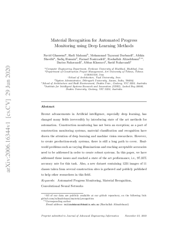 (PDF) Material Recognition for Automated Progress Monitoring using Deep Learning Methods