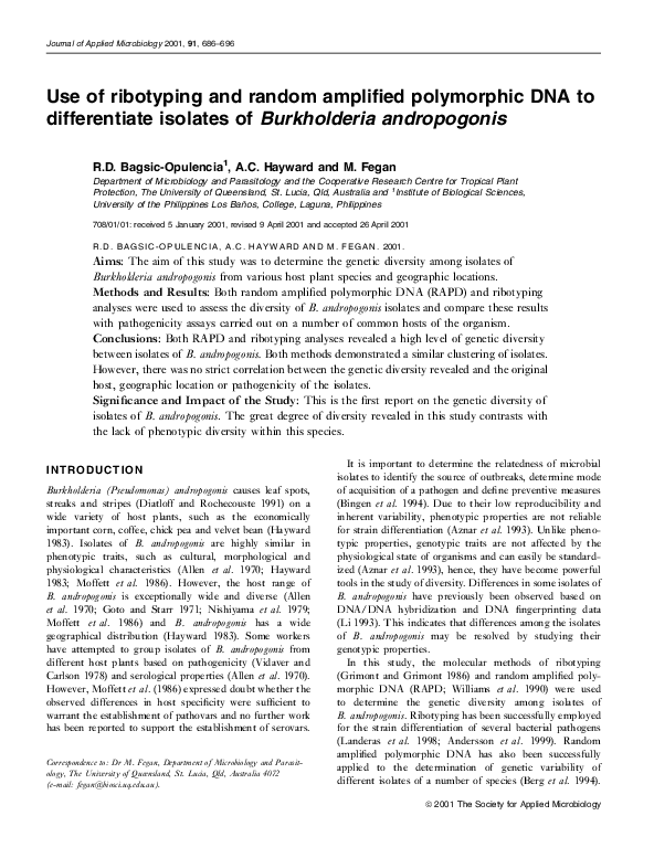 (PDF) Use of ribotyping and random amplified polymorphic DNA to ...