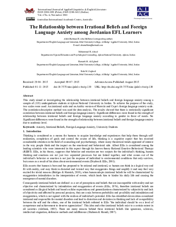(PDF) The Relationship between Irrational Beliefs and Foreign Language Anxiety among Jordanian ...