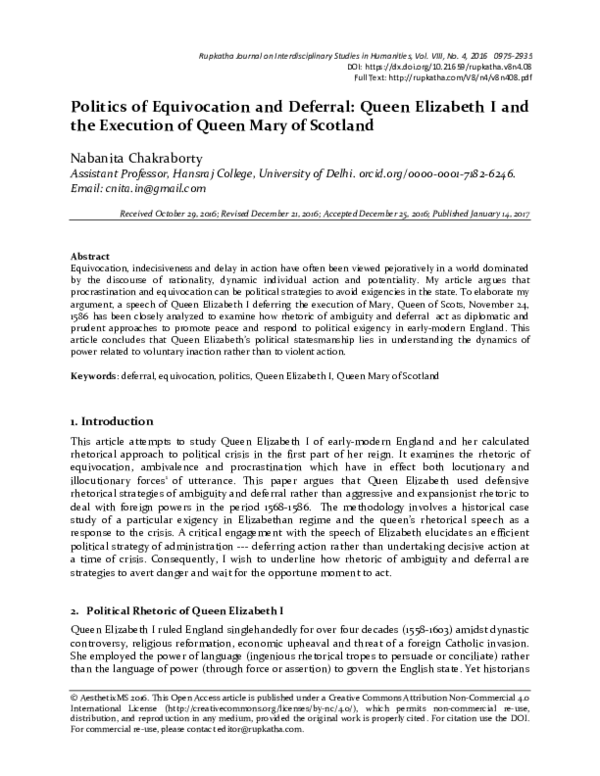 (PDF) Politics of Equivocation and Deferral: Queen Elizabeth I and the ...