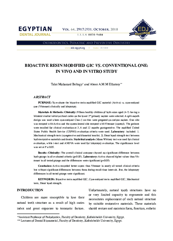 (PDF) Bioactive Resin Modified GIC vs. Conventional One in Vivo and in ...