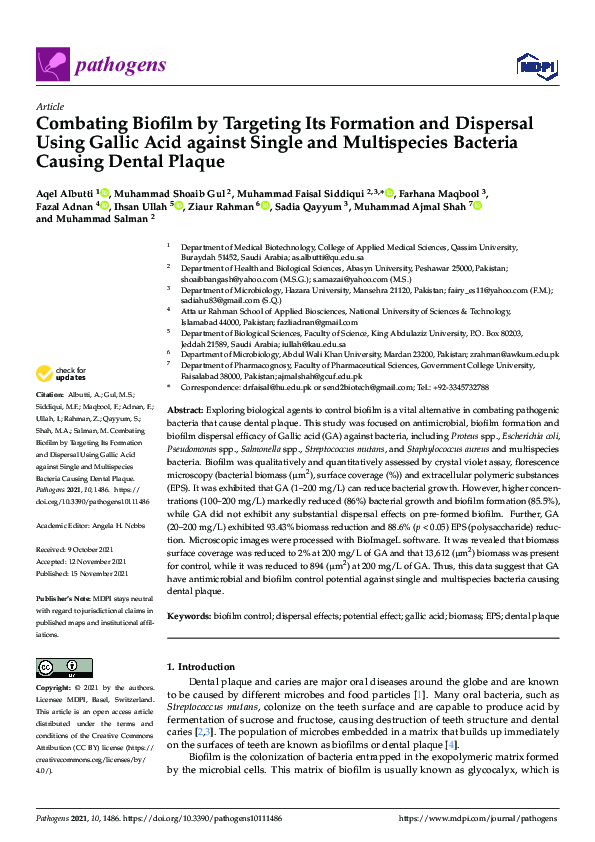 (PDF) Combating Biofilm by Targeting Its Formation and Dispersal Using Gallic Acid against ...