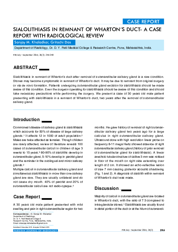 (PDF) Sialolithiasis in Remnant of Wharton’s Duct- a Case Report with ...
