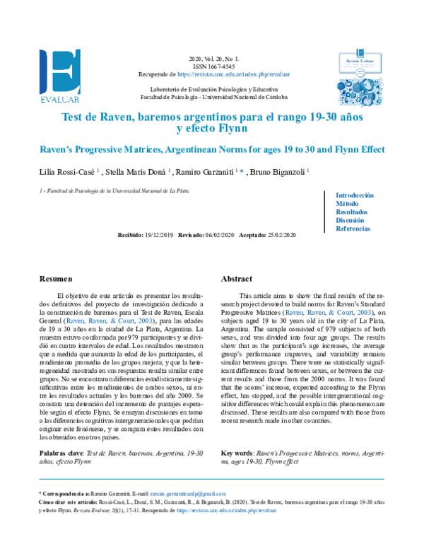 (PDF) Test de Raven, baremos argentinos para el rango 19-30 años y ...