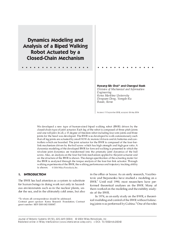 (PDF) Dynamics modeling and analysis of a biped walking robot actuated by a closed-chain mechanism