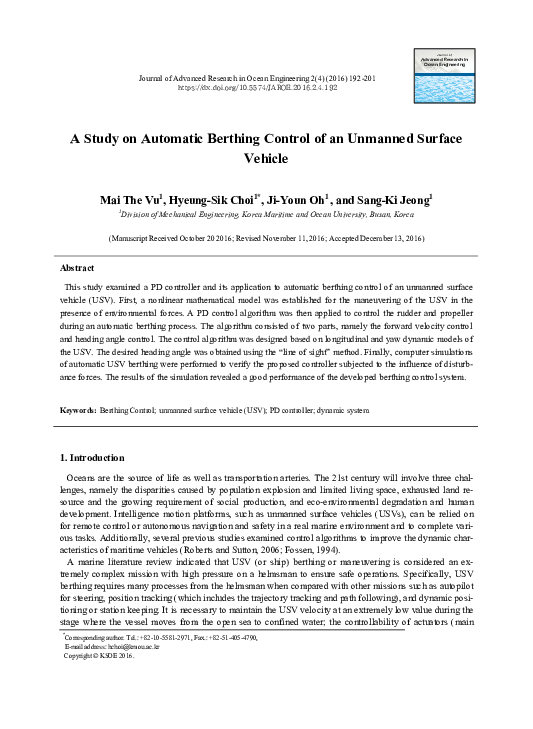 (PDF) A Study on Automatic Berthing Control of an Unmanned Surface Vehicle