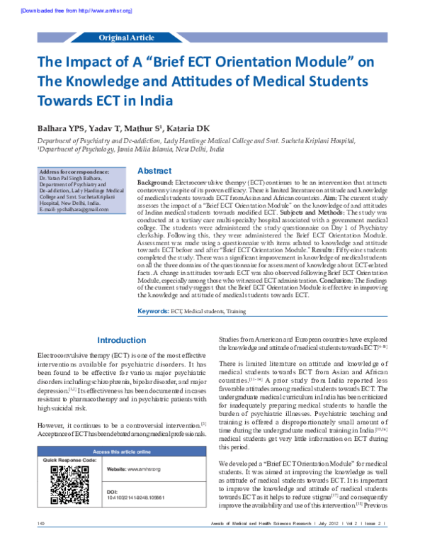 (PDF) The Impact of A "Brief ECT Orientation Module" on The Knowledge ...