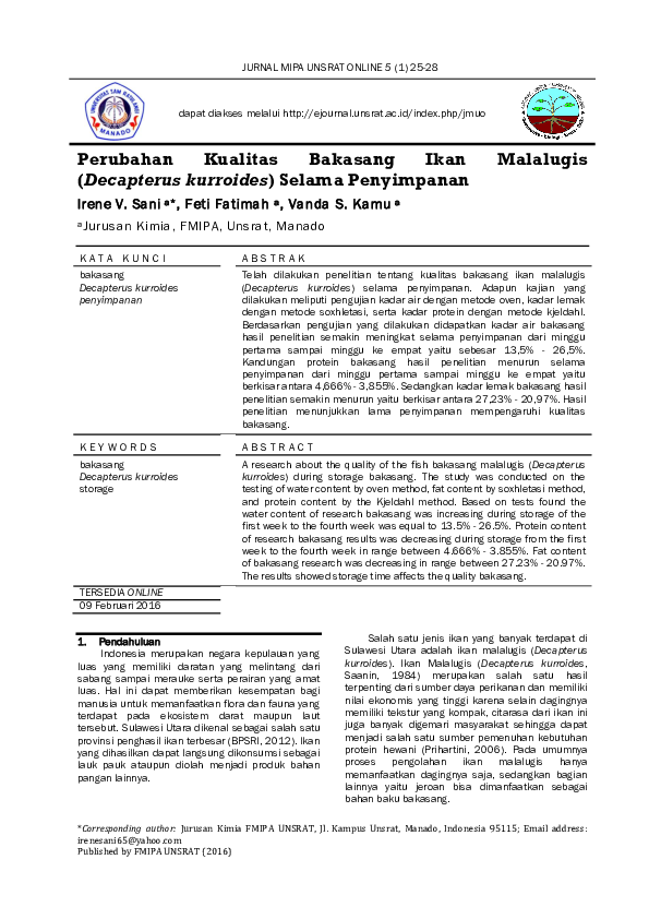 (PDF) Perubahan Kualitas Bakasang Ikan Malalugis (Decapterus kurroides ...