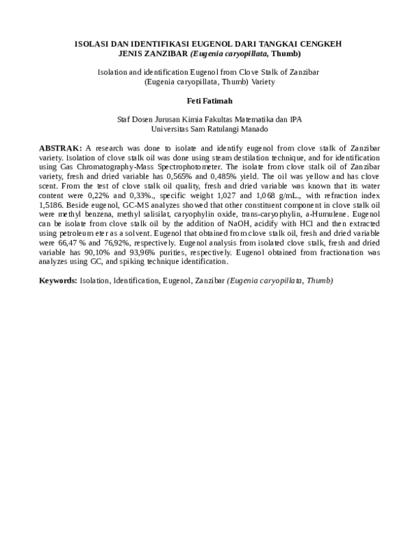 (PDF) ISOLASI DAN IDENTIFIKASI EUGENOL DARI TANGKAI CENGKEH JENIS ZANZIBAR (Eugenia caryopillata ...