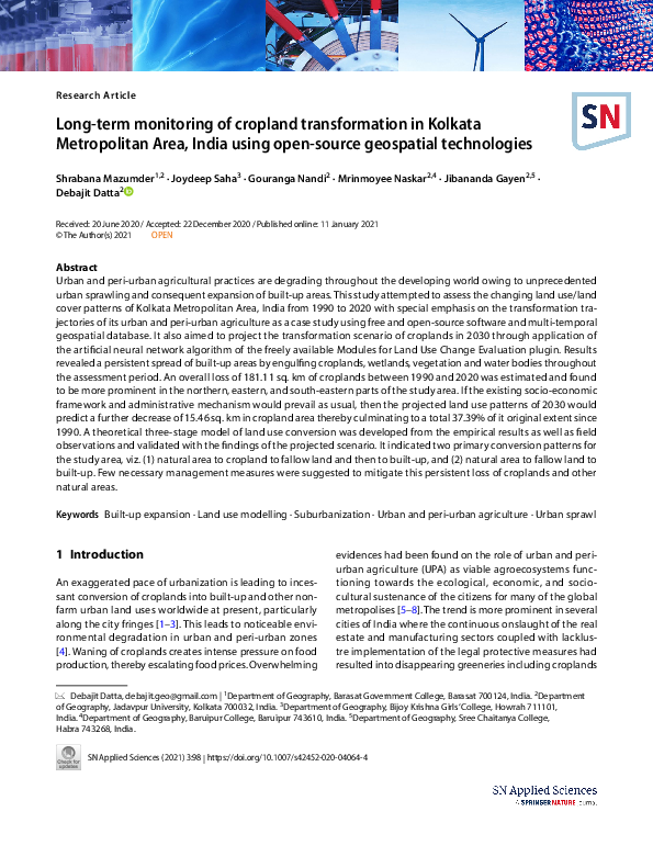 (PDF) Long-term monitoring of cropland transformation in Kolkata ...
