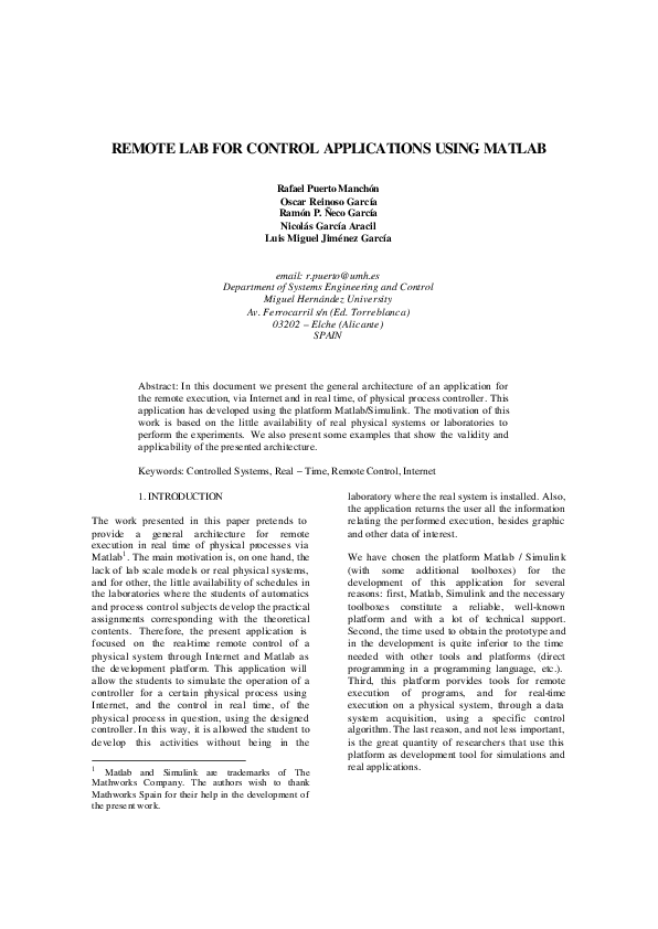 (PDF) Remote lab for control applications using matlab