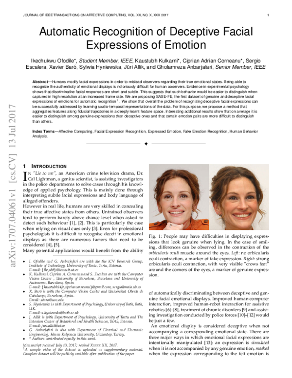 (PDF) Automatic Recognition of Deceptive Facial Expressions of Emotion