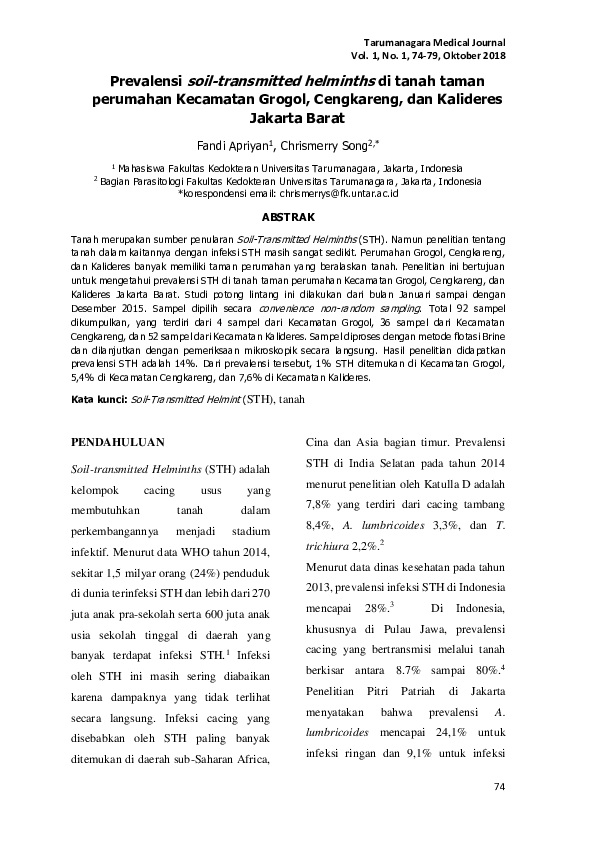 (PDF) Prevalensi soil-transmitted helminths di tanah taman perumahan Kecamatan Grogol ...