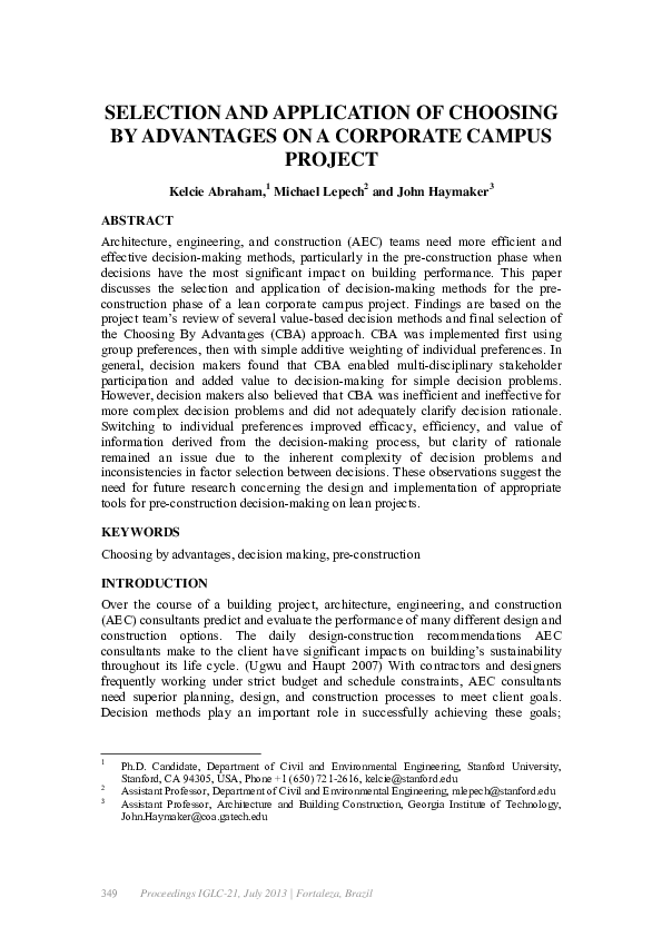 (PDF) Selection and Application of Choosing by Advantages on a ...