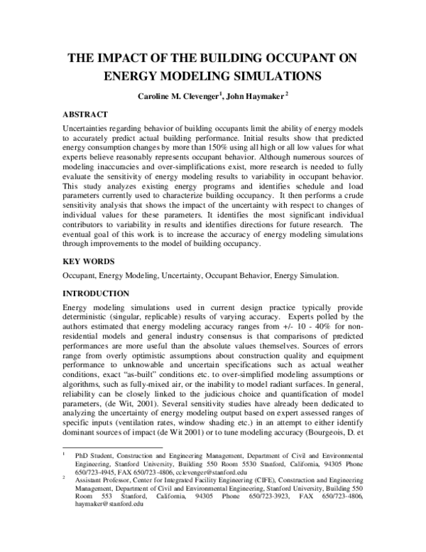 Pdf The Impact Of The Building Occupant On Energy Modeling Simulations