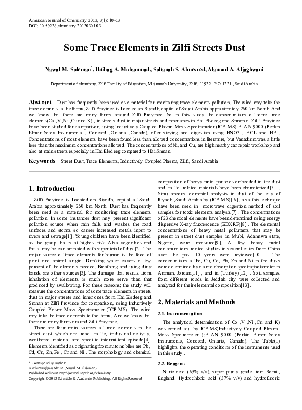 (PDF) Some Trace Elements in Zilfi Streets Dust