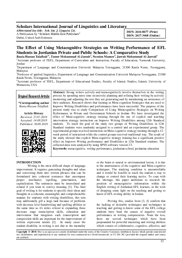 (PDF) The Effect of Using Metacognitive Strategies on Writing ...