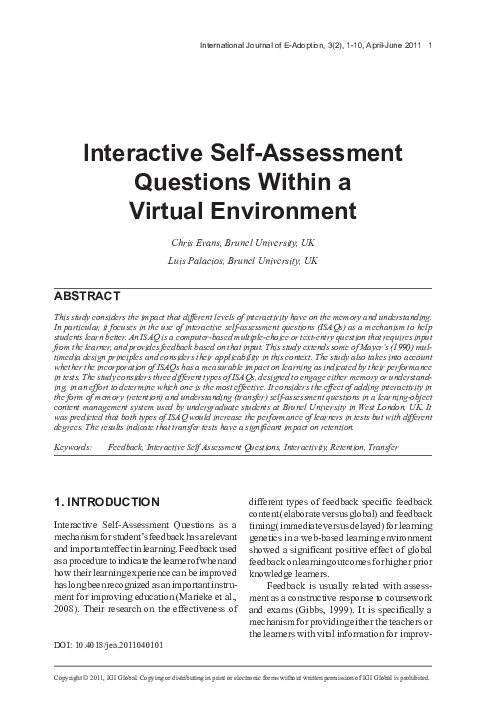 (PDF) Interactive Self-Assessment Questions within a Virtual Environment