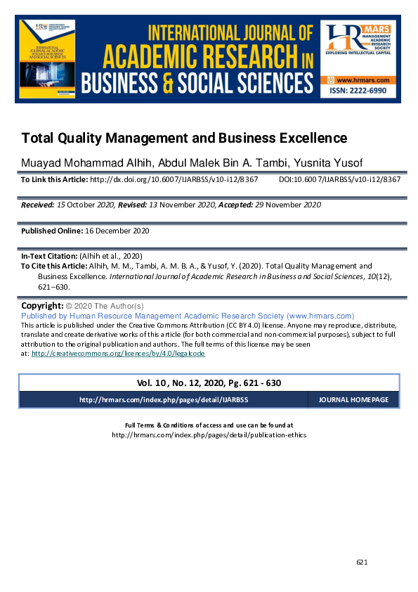 (PDF) Total Quality Management and Business Excellence