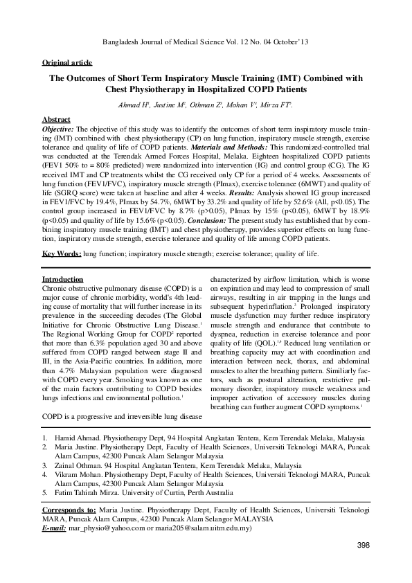 (PDF) The Outcomes of Short Term Inspiratory Muscle Training (IMT ...