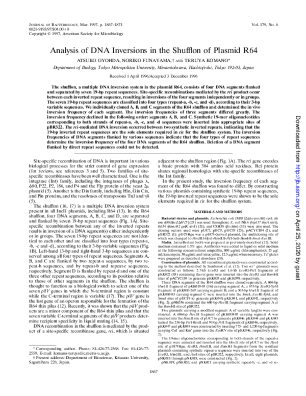 (PDF) Analysis of DNA inversions in the shufflon of plasmid R64
