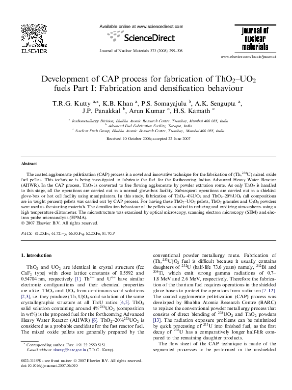 (PDF) Development of CAP process for fabrication of ThO 2–UO 2 fuels ...