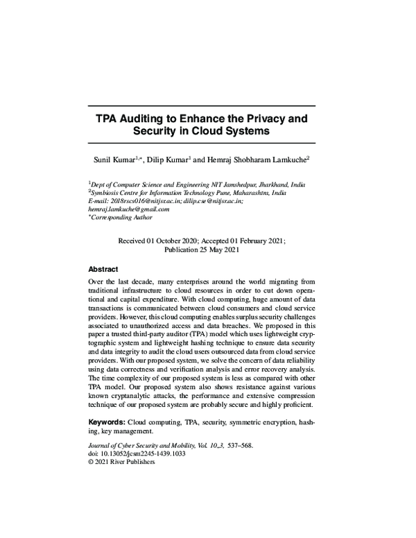 (PDF) TPA Auditing to Enhance the Privacy and Security in Cloud Systems