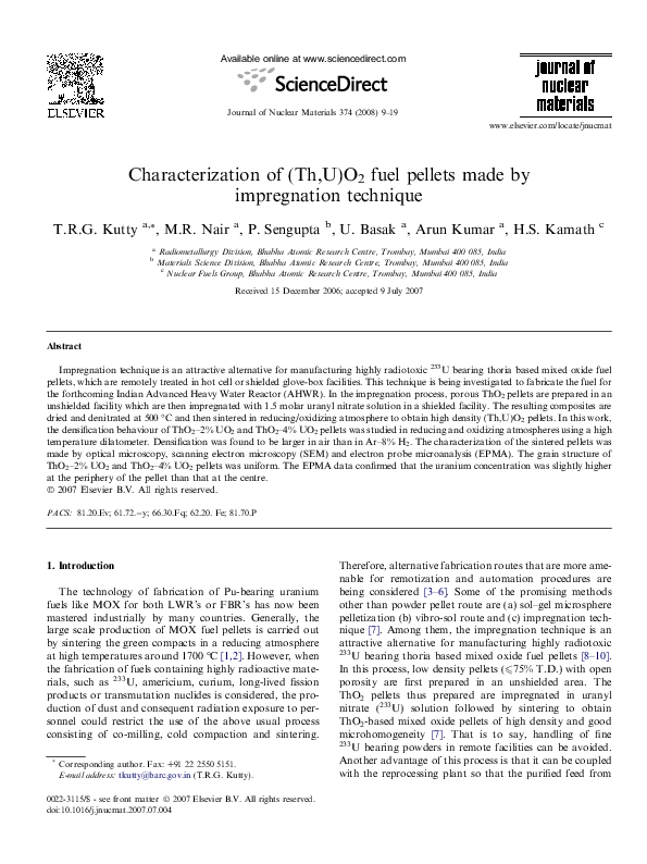 (PDF) Characterization of (Th,U)O 2 fuel pellets made by impregnation ...