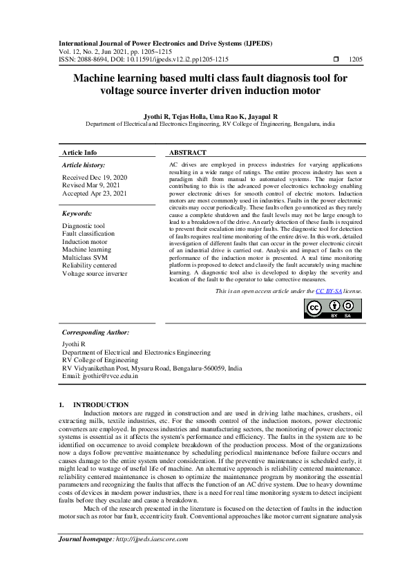 Pdf Machine Learning Based Multi Class Fault Diagnosis Tool For