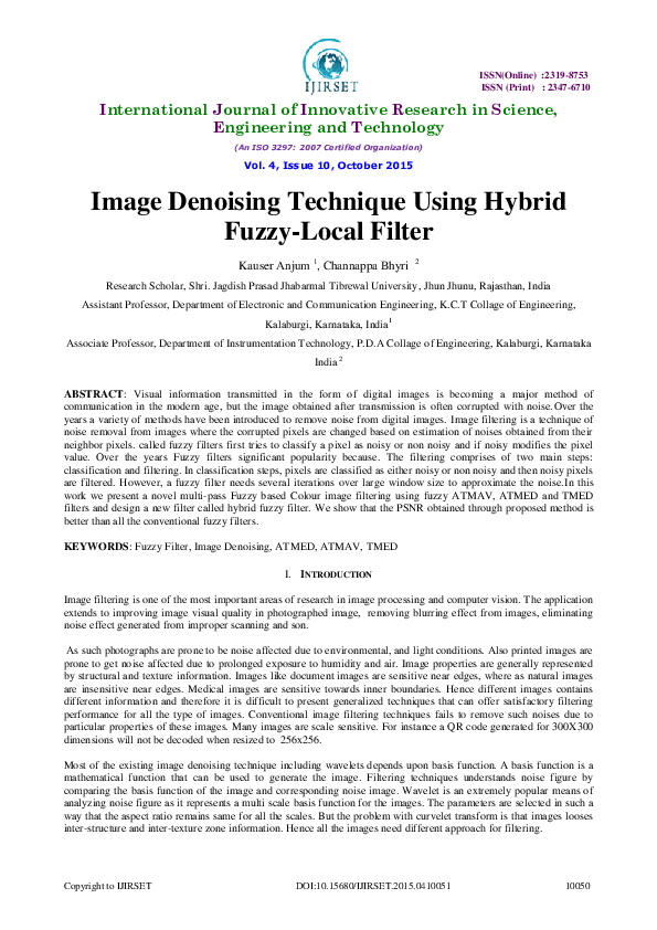 Pdf Image Denoising Technique Using Hybrid Fuzzy Local Filter