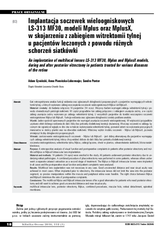 (PDF) An implantation of multifocal lenses LS-313 MF30, Mplus and ...