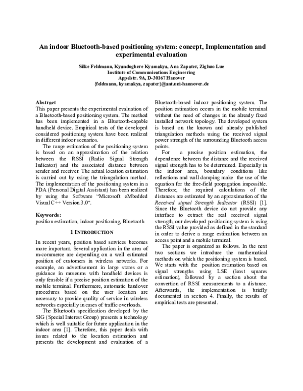 (PDF) An indoor Bluetooth-based positioning system: concept, implementation and experimental ...