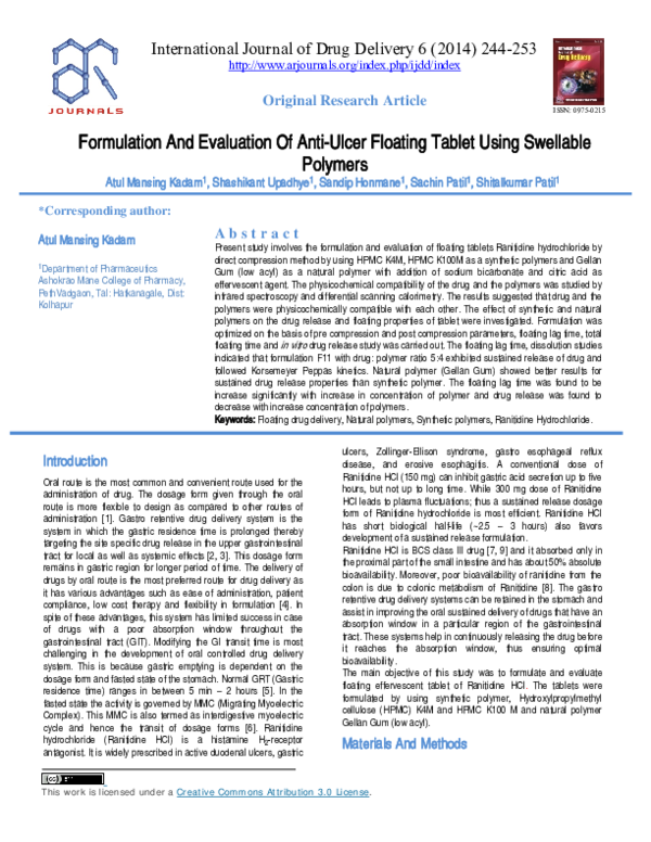 Pdf Formulation And Evaluation Of Anti Ulcer Floating Tablet Using Swellable Polymers