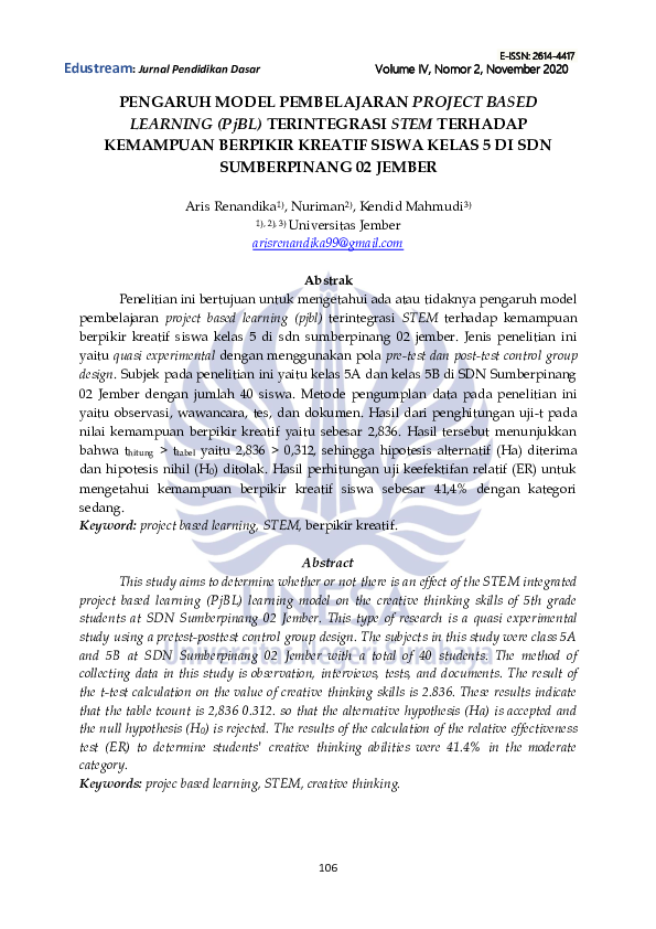 (PDF) Pengaruh Model Pembelajaran Project Based Learning (PjBL) terintegrasi STEM Terhadap ...