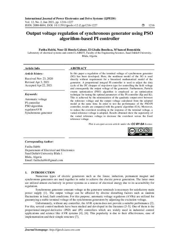 Pdf Output Voltage Regulation Of Synchronous Generator Using Pso Algorithm Based Pi Controller