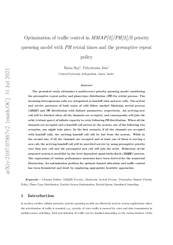 (PDF) Optimization of traffic control in MMAP[2]/PH[2]/S priority queueing model with PH retrial ...