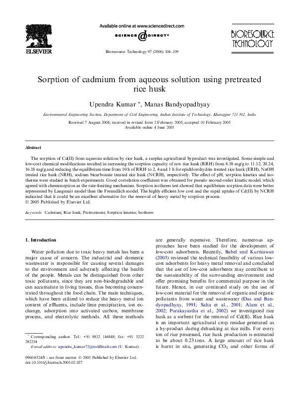 (PDF) Sorption of cadmium from aqueous solution using pretreated rice husk | Upendra Kumar ...